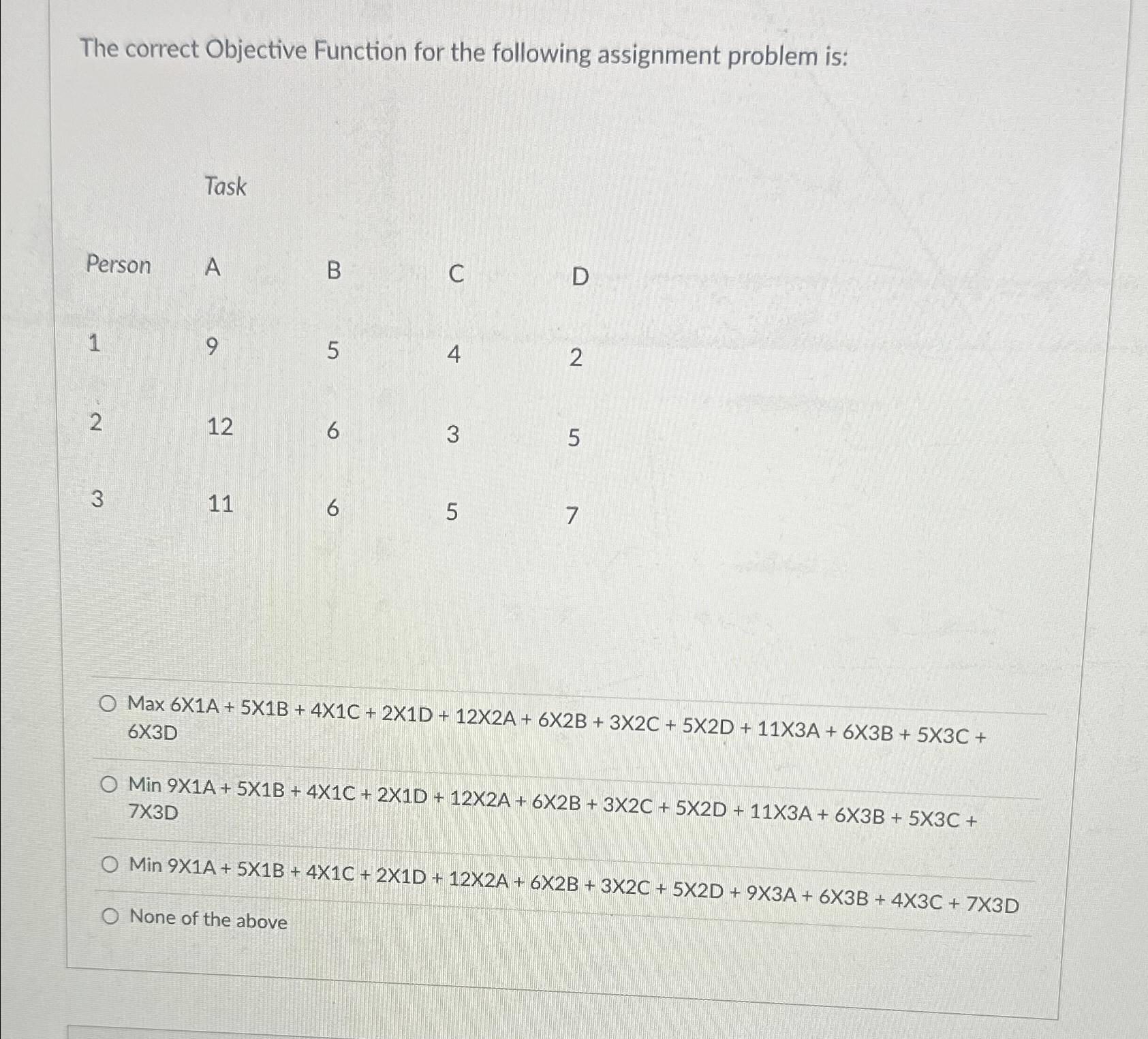 Solved The correct Objective Function for the following | Chegg.com