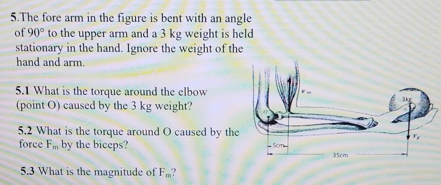 Solved 5. The fore arm in the figure is bent with an angle | Chegg.com