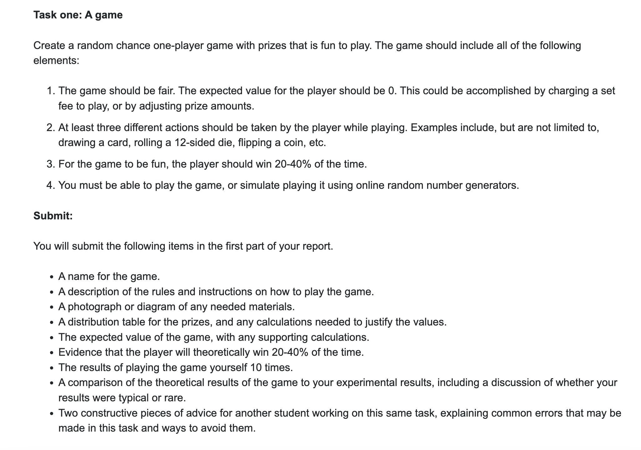 Solved Task one: A gameCreate a random chance one-player | Chegg.com