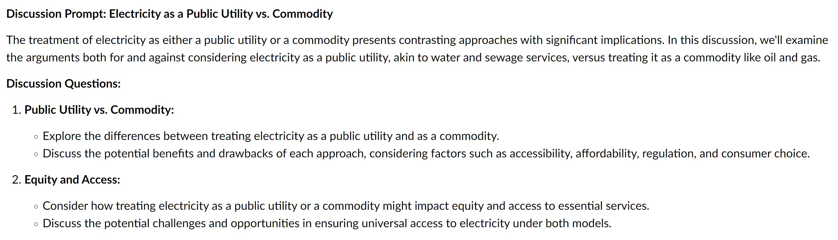 Solved Discussion Prompt: Electricity as a Public Utility | Chegg.com