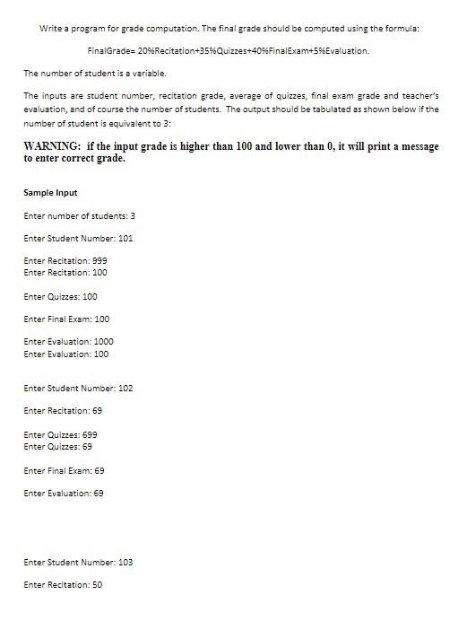 Solved Write a program for grade computation. The final | Chegg.com