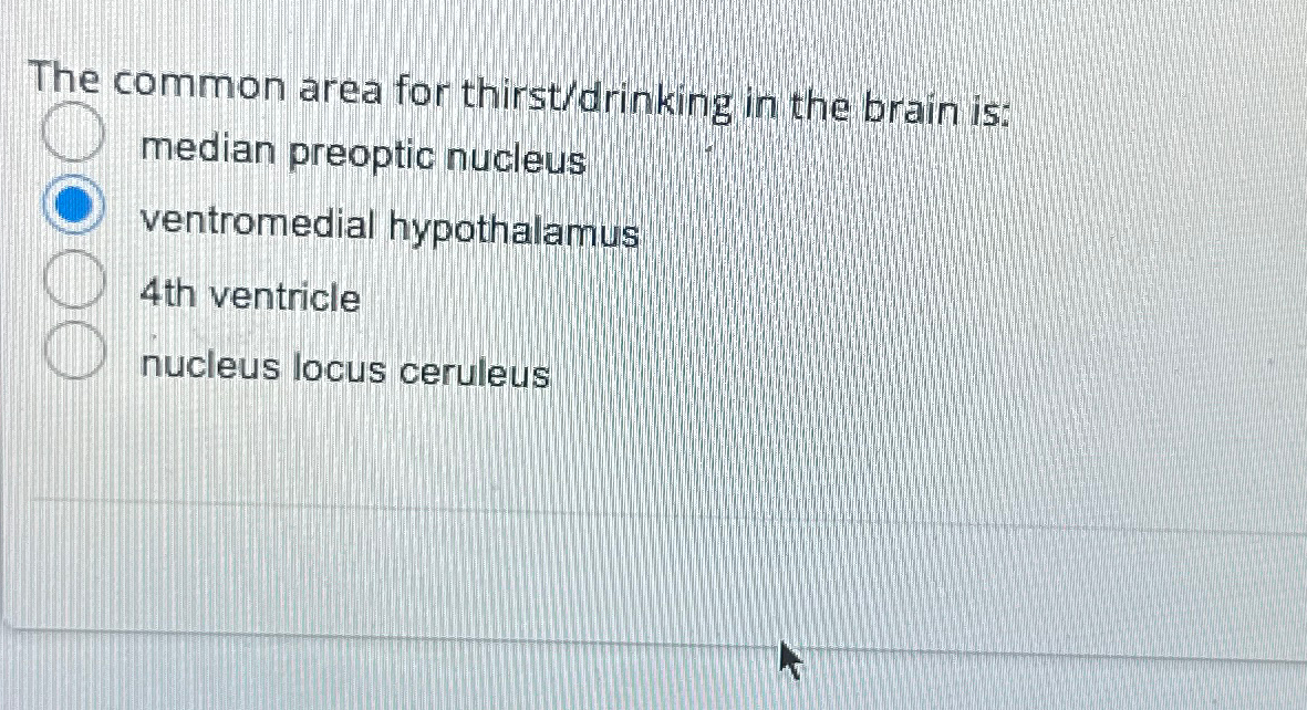 Solved The common area for thirst/drinking in the brain is: | Chegg.com