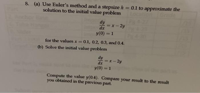 Solved 8. (a) Use Euler's method and a stepsize h = 0.1 to | Chegg.com