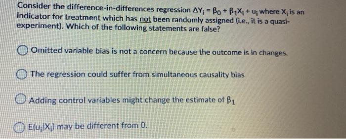 Solved Consider the difference-in-differences regression AY; | Chegg.com