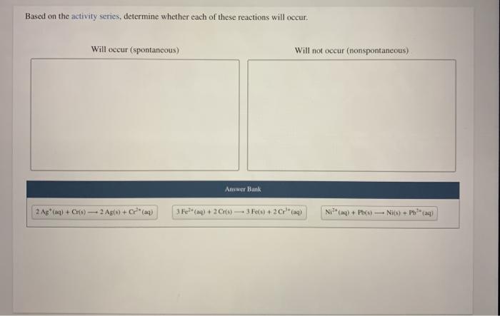 Solved Based on the activity series, determine whether each | Chegg.com