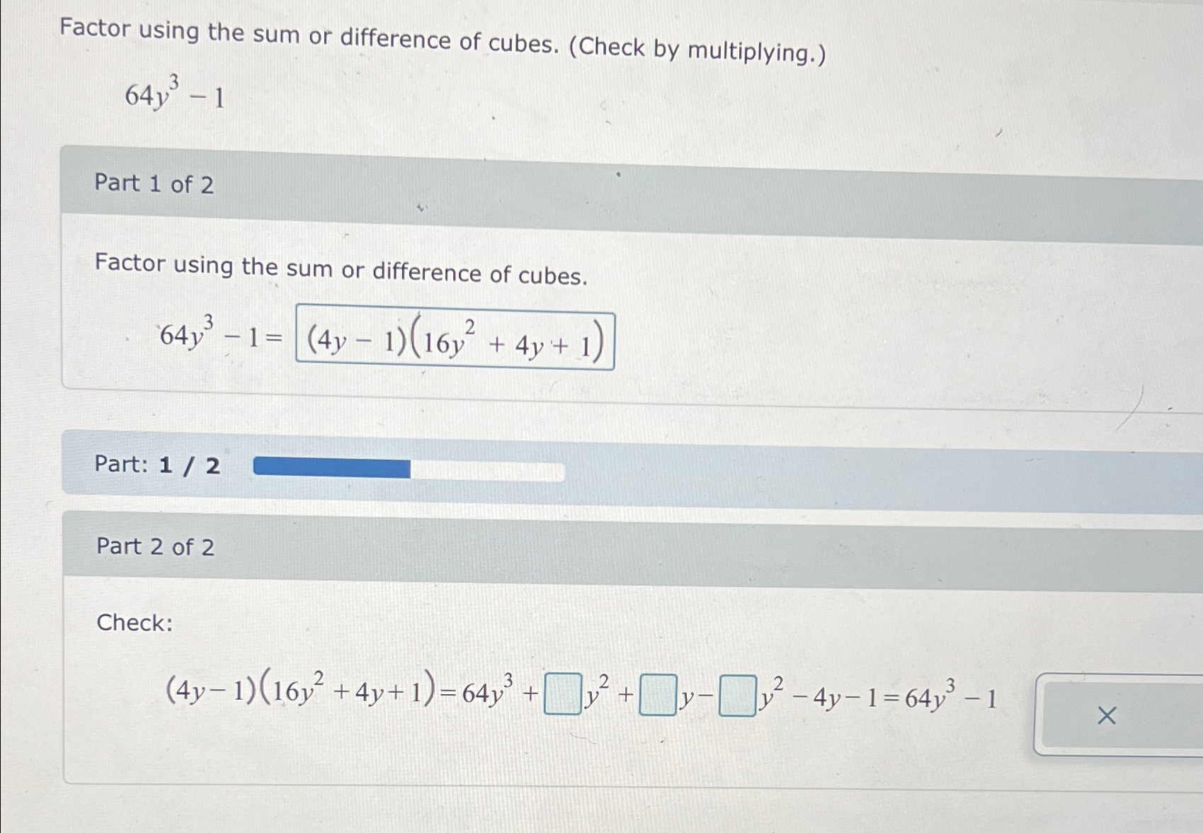 Solved Factor using the sum or difference of cubes. (Check | Chegg.com