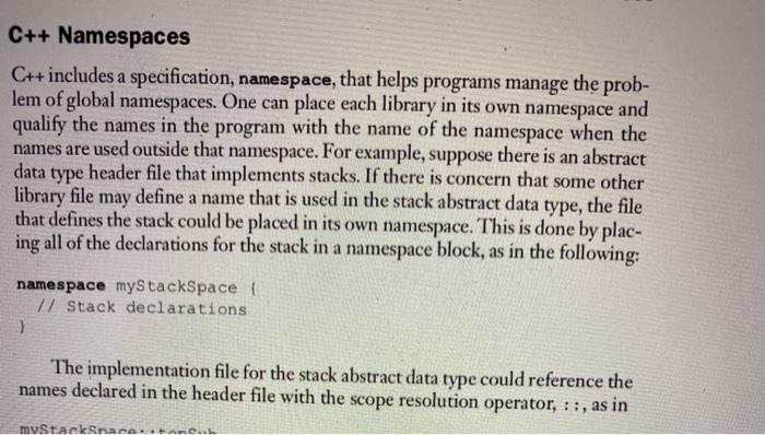 Solved C++ Namespaces C++ includes a specification, | Chegg.com