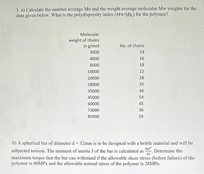 Solved 1. a) Calculate the number average Mn and the weight | Chegg.com