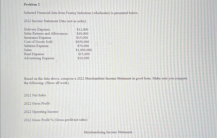Solved Compose a 2022 merchandiser income statement in good | Chegg.com