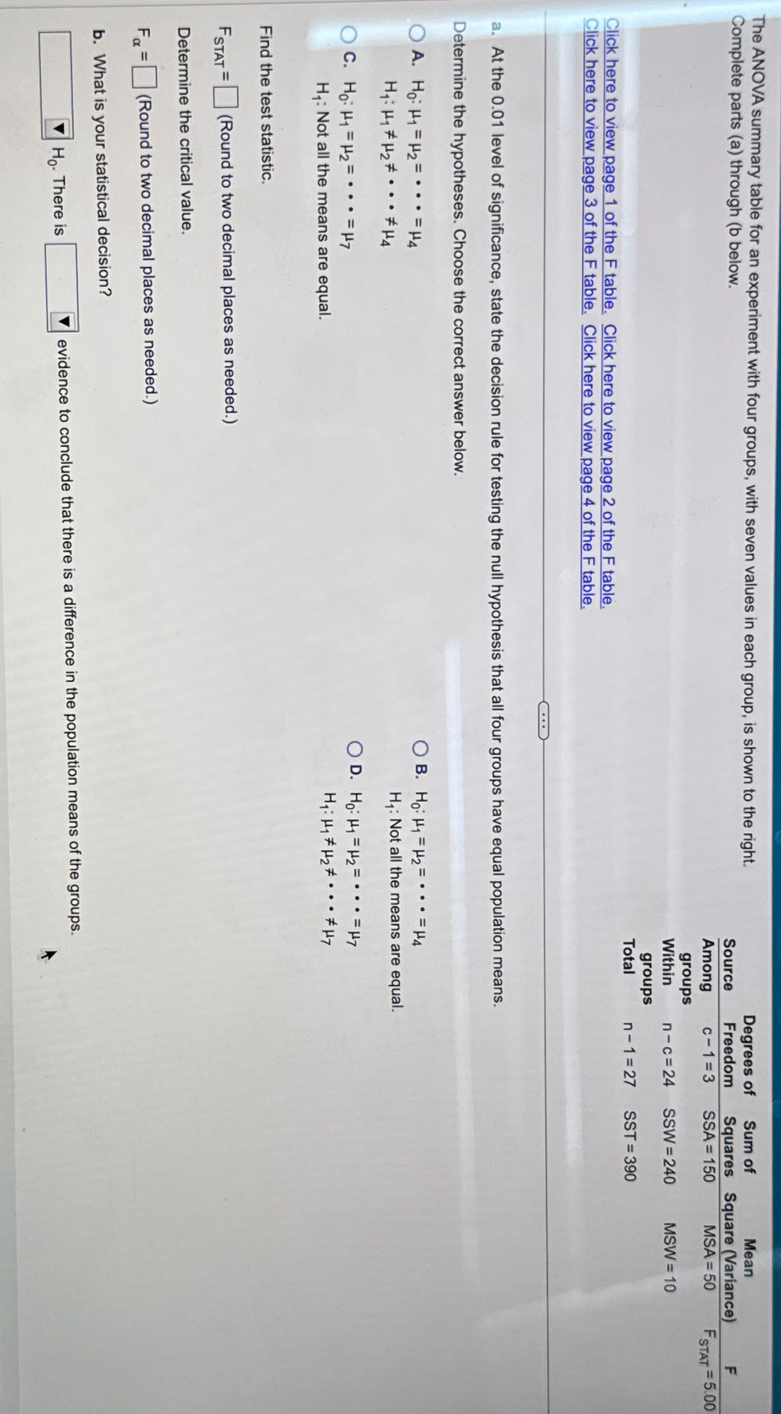 Solved The ANOVA summary table for an experiment with four | Chegg.com