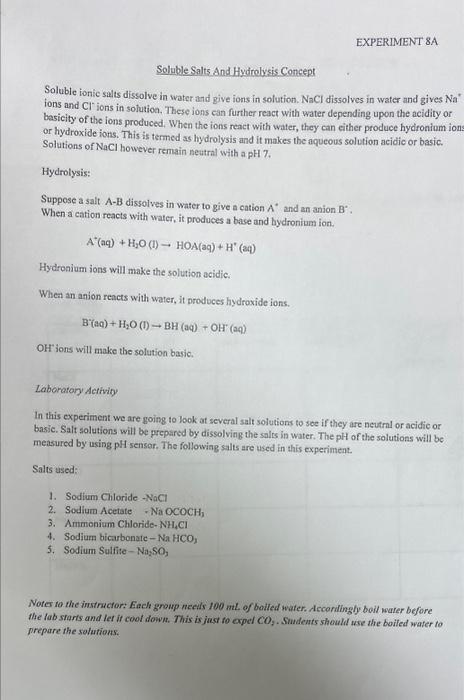Solved Experiment 8 A - Soluble Salts and Hydrolysis Salts | Chegg.com
