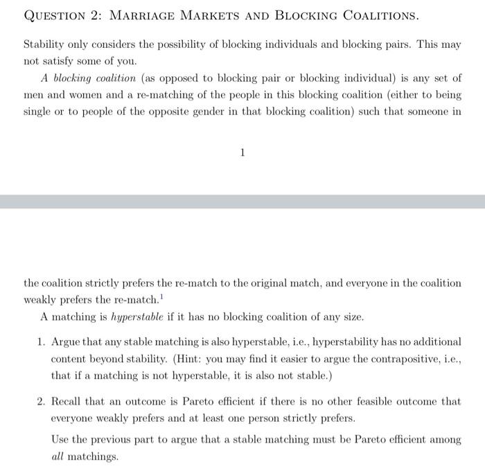 Solved Question 2: Marriage Markets and Blocking Coalitions. | Chegg.com