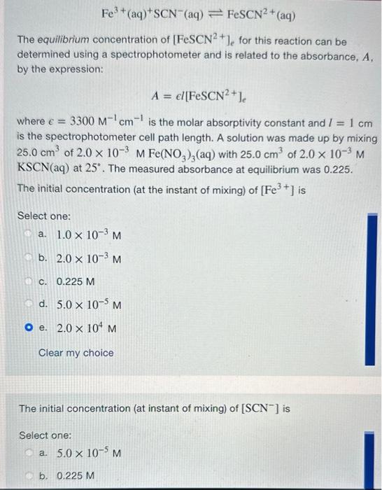 Solved The equilibrium concentration of [FeSCN2+] is Select | Chegg.com