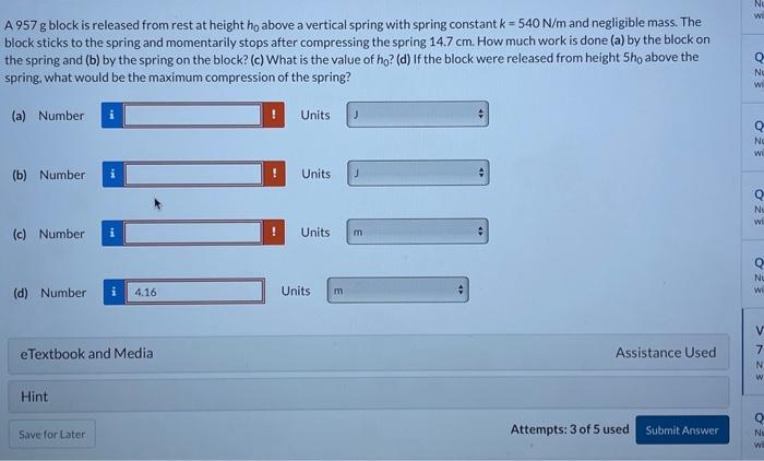 Solved A 957 g block is released from rest at height h0 | Chegg.com