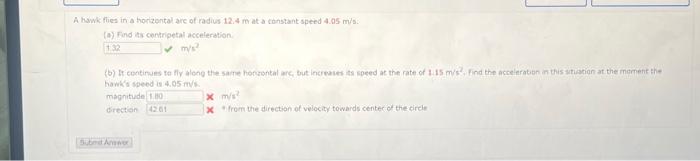 Solved A hawk flies in a horizontal are of radius 12.4 m at | Chegg.com