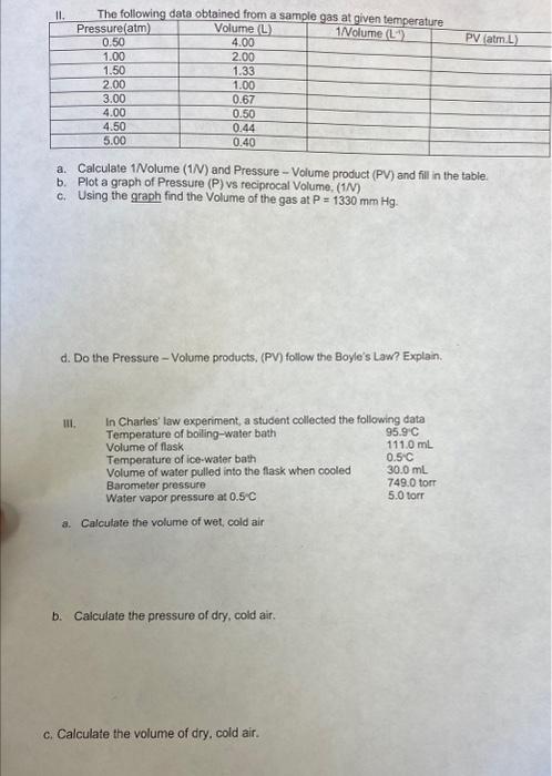 Solved a. Calculate 1 Nolume (1N) and Pressure - Volume | Chegg.com