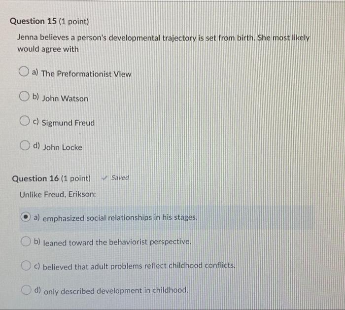 Solved Question 15 (1 point) Jenna believes a person's | Chegg.com