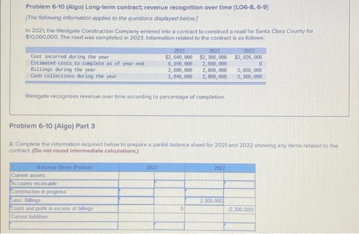 Solved Problem 6-10 (Algo) Long-term contract; revenue | Chegg.com