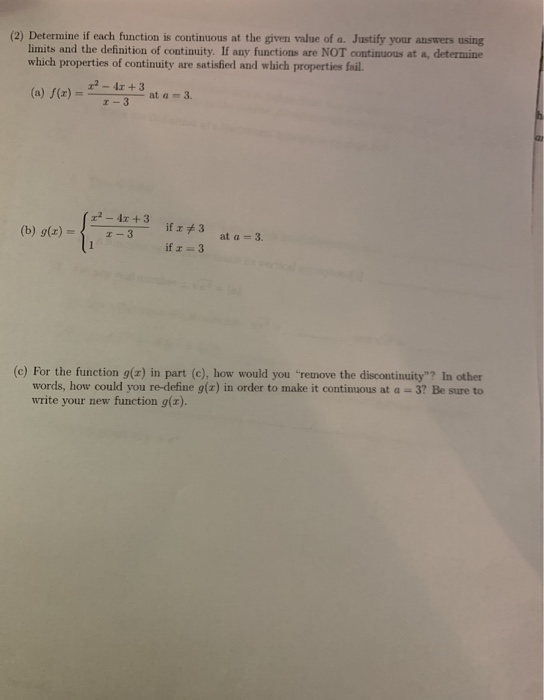 Solved (2) Determine if each function is continuous at the | Chegg.com