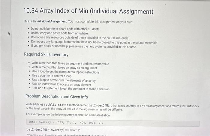 Solved 10.34 Array Index of Min (Individual Assignment) This | Chegg.com