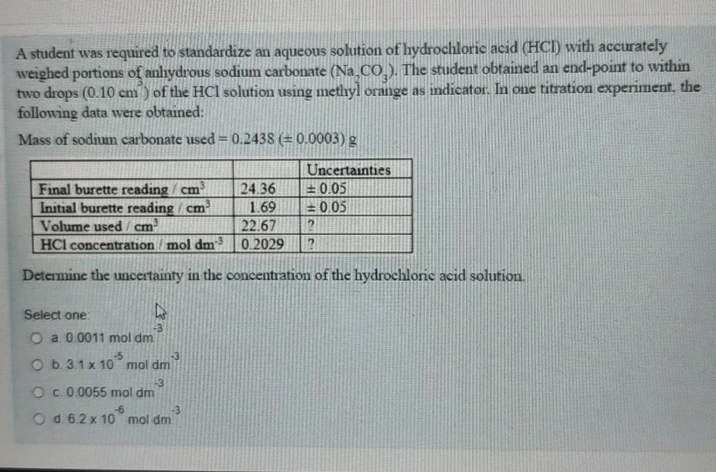 Solved A student was required to standardize an aqueous | Chegg.com