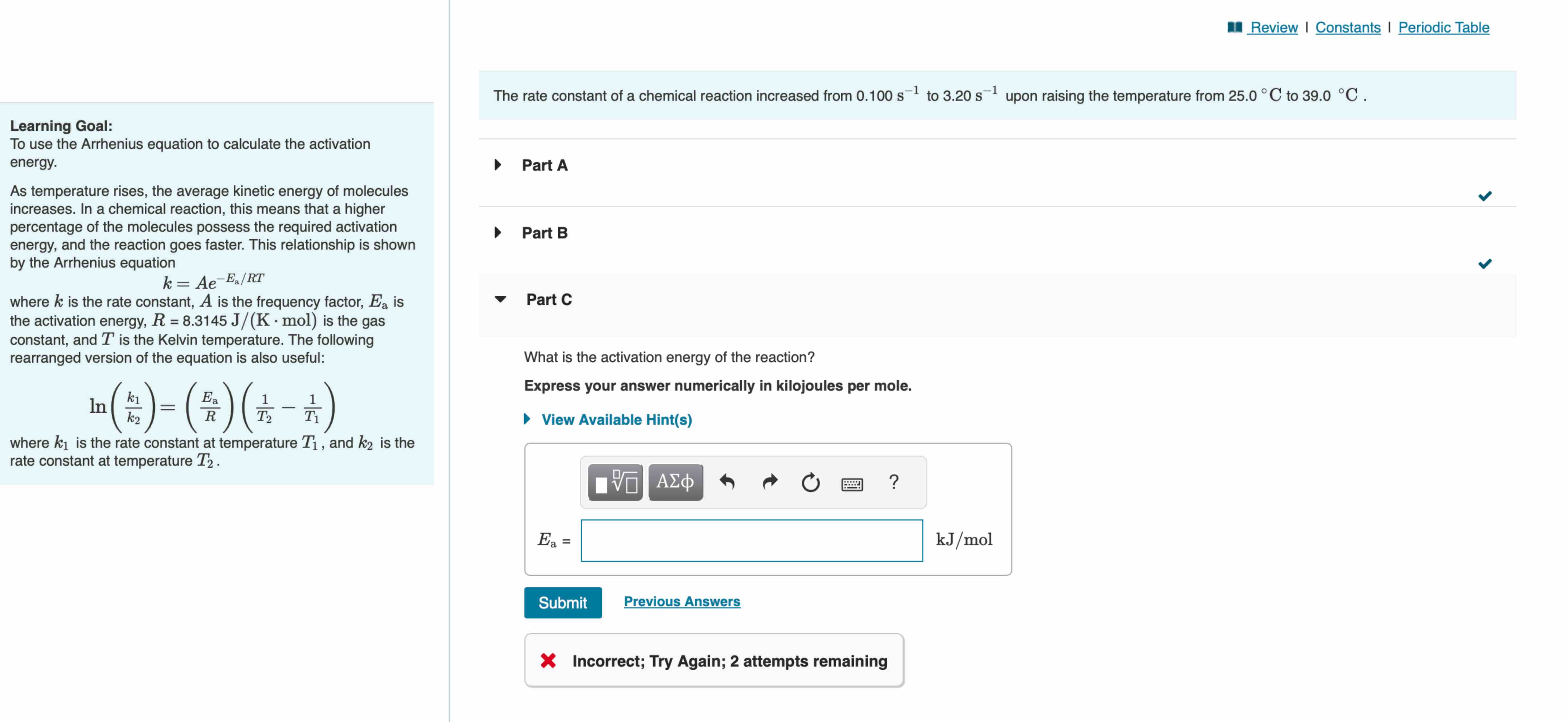 Solved please help The rate constant of a chemical reaction | Chegg.com