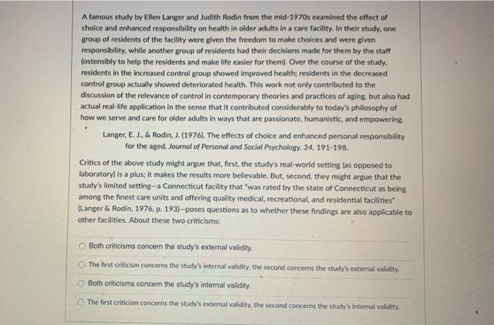 Solved A famous study by Ellen Langer and Judith Rodin from | Chegg.com