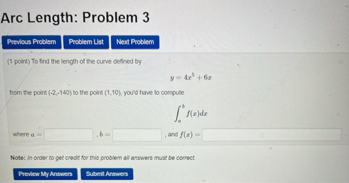 Solved Arc Length: Problem 1 Previous Problem Problem List | Chegg.com