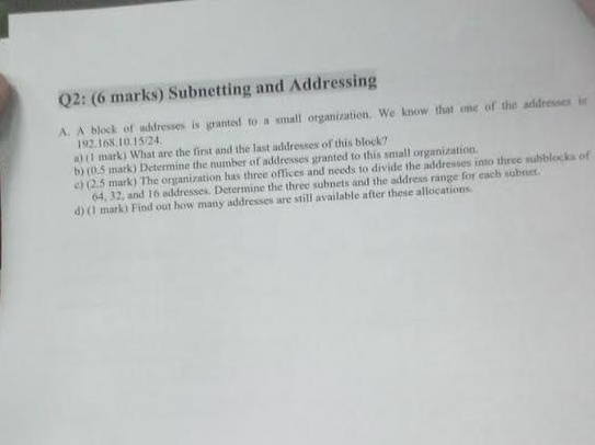 Solved Q2: (6 ﻿marks) ﻿Subnetting and AddressingA A block of | Chegg.com