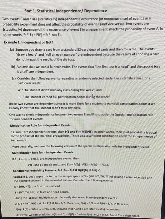Solved Stat 1. Statistical Independence Dependence Two | Chegg.com