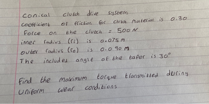 Solved conical clutch drive system coefficient of friction | Chegg.com