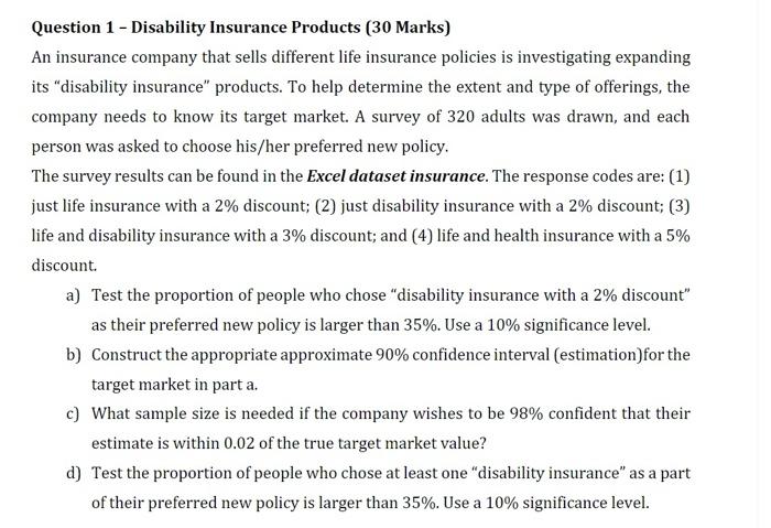 Solved Question 1 - Disability Insurance Products (30 Marks) | Chegg.com