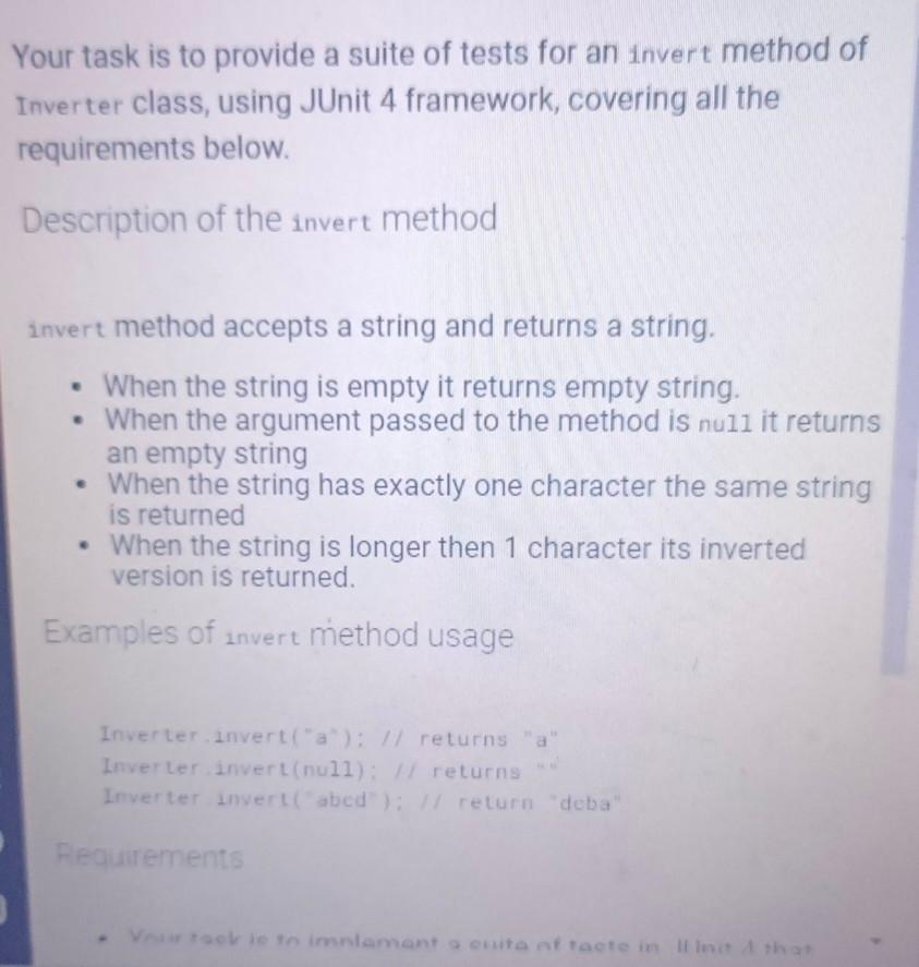 Solved lour task is to provide a suite of tests for an | Chegg.com