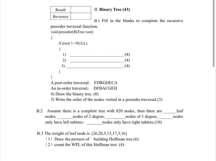 Solved Result Reviewer preorder traversal function. void | Chegg.com