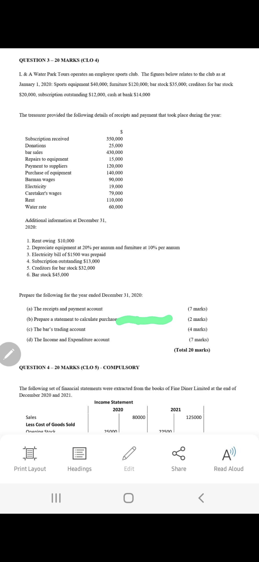 Solved QUESTION 3 - 20 ﻿MARKS (CLO 4)L & A Water Park Tours | Chegg.com
