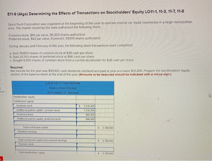 Solved E11-9 (Algo) Determining the Effects of Transactions | Chegg.com