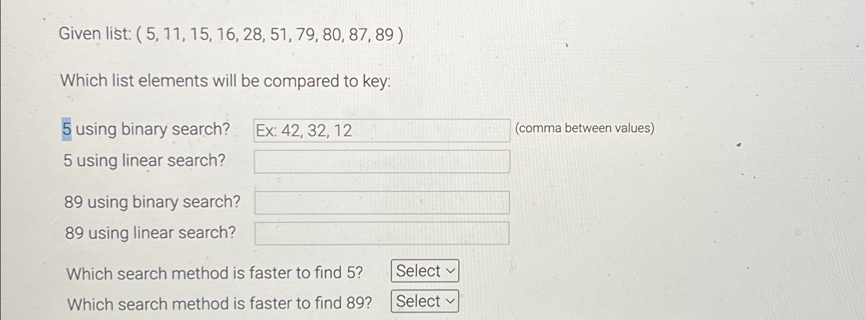 Solved Given list: (5,11,15,16,28,51,79,80,87,89)Which list | Chegg.com