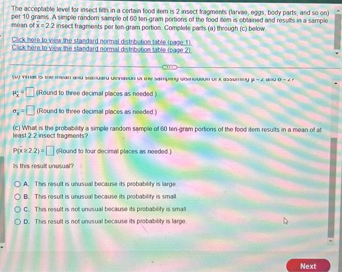 Solved The acceptable level for insect filth in a certain | Chegg.com