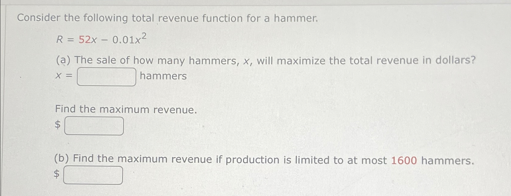Solved Consider the following total revenue function for a | Chegg.com