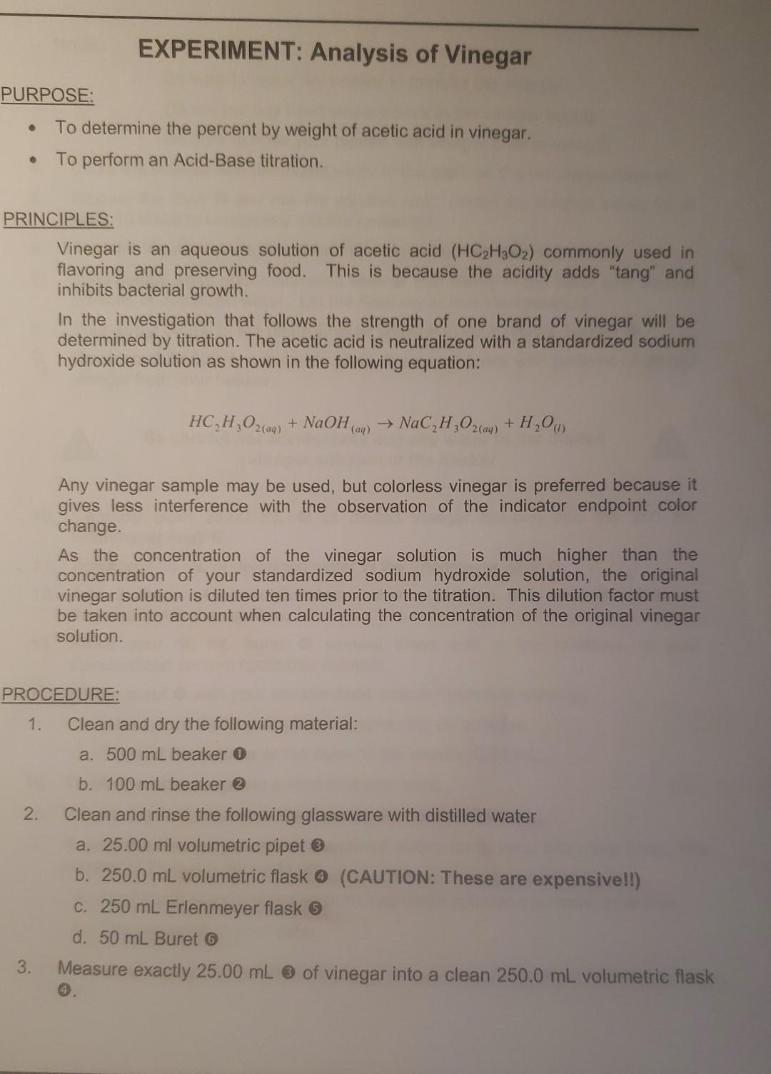 EXPERIMENT: Analysis of Vinegar PURPOSE: To determine | Chegg.com