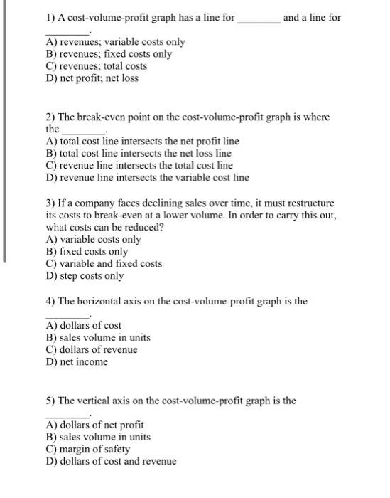 Solved and a line for 1) A cost-volume-profit graph has a | Chegg.com