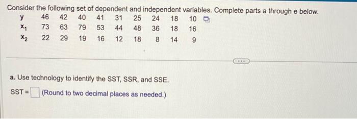 Solved a. Use technology to identify the SST, SSR, and SSE. | Chegg.com