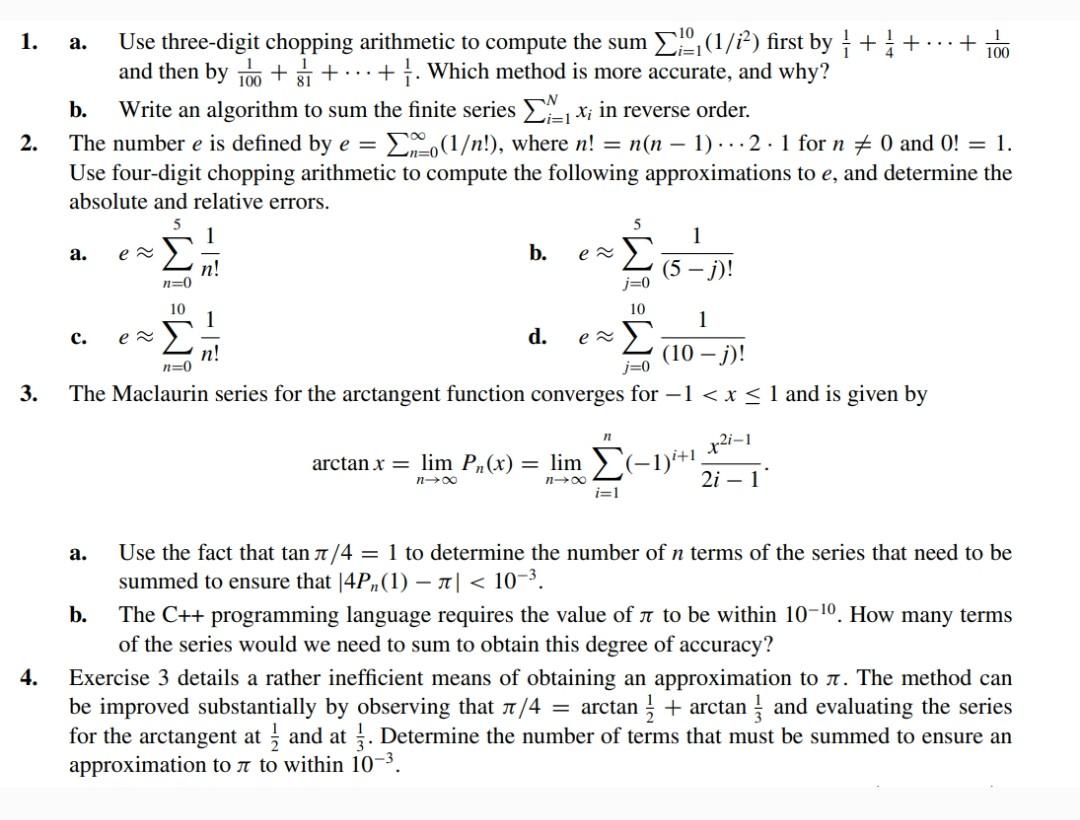 Solved 1. a. 100 b. 2. Use three-digit chopping arithmetic | Chegg.com