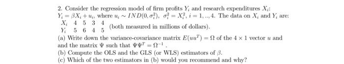 Solved 2. Consider the regression model of firm profits Yi | Chegg.com
