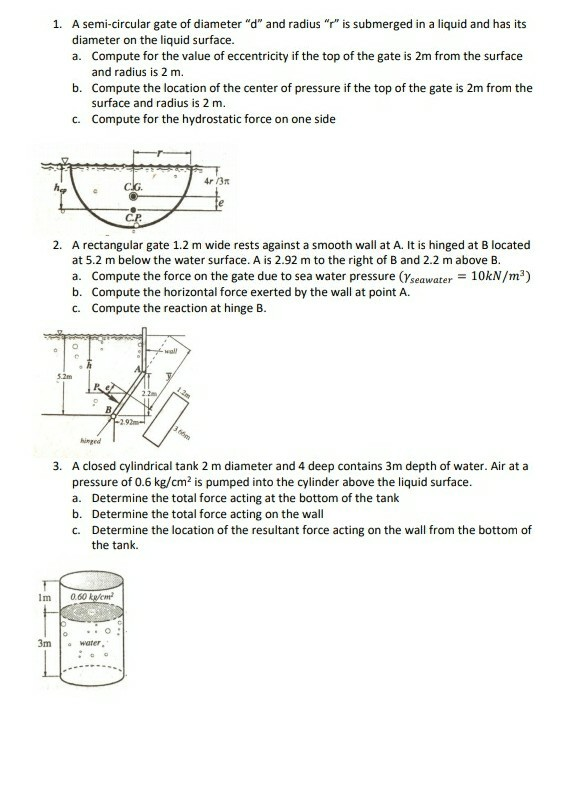 Solved 1. A semi-circular gate of diameter "d" and radius | Chegg.com