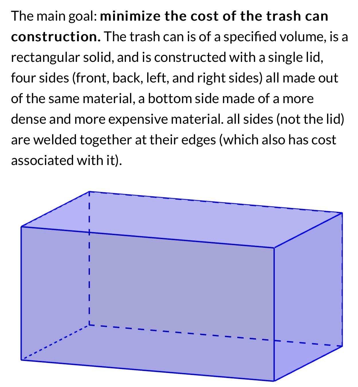 Solved The main goal: minimize the cost of the trash can | Chegg.com