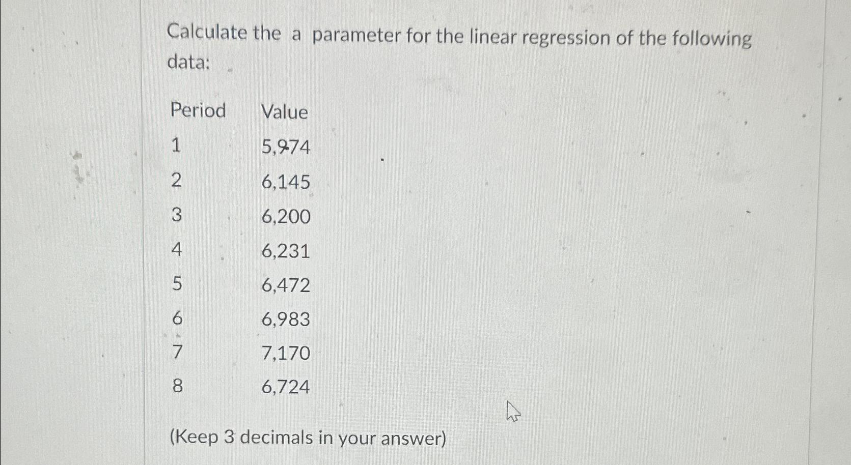 Solved Calculate the a parameter for the linear regression | Chegg.com