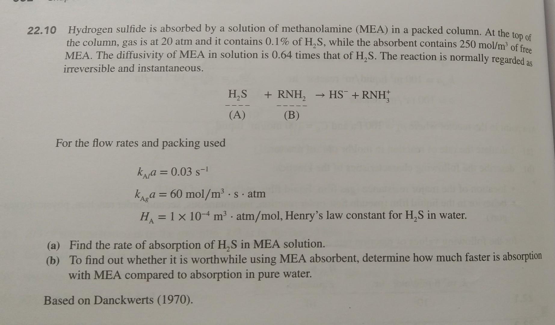 Solved 2.10 Hydrogen sulfide is absorbed by a solution of | Chegg.com