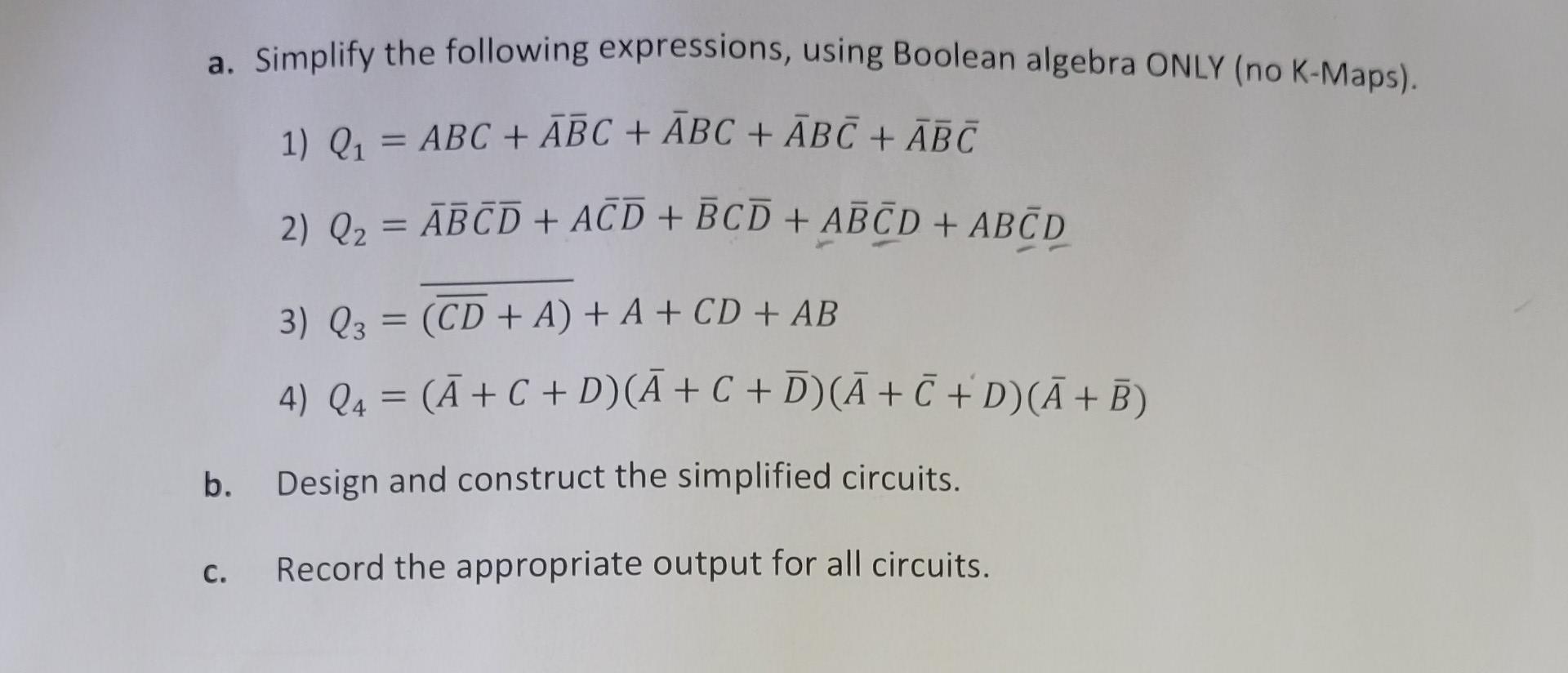 Solved a. Simplify the following expressions, using Boolean | Chegg.com