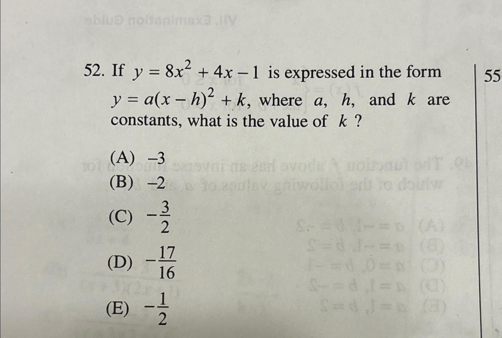 Solved If y=8x2+4x-1 ﻿is expressed in the form y=a(x-h)2+k, | Chegg.com